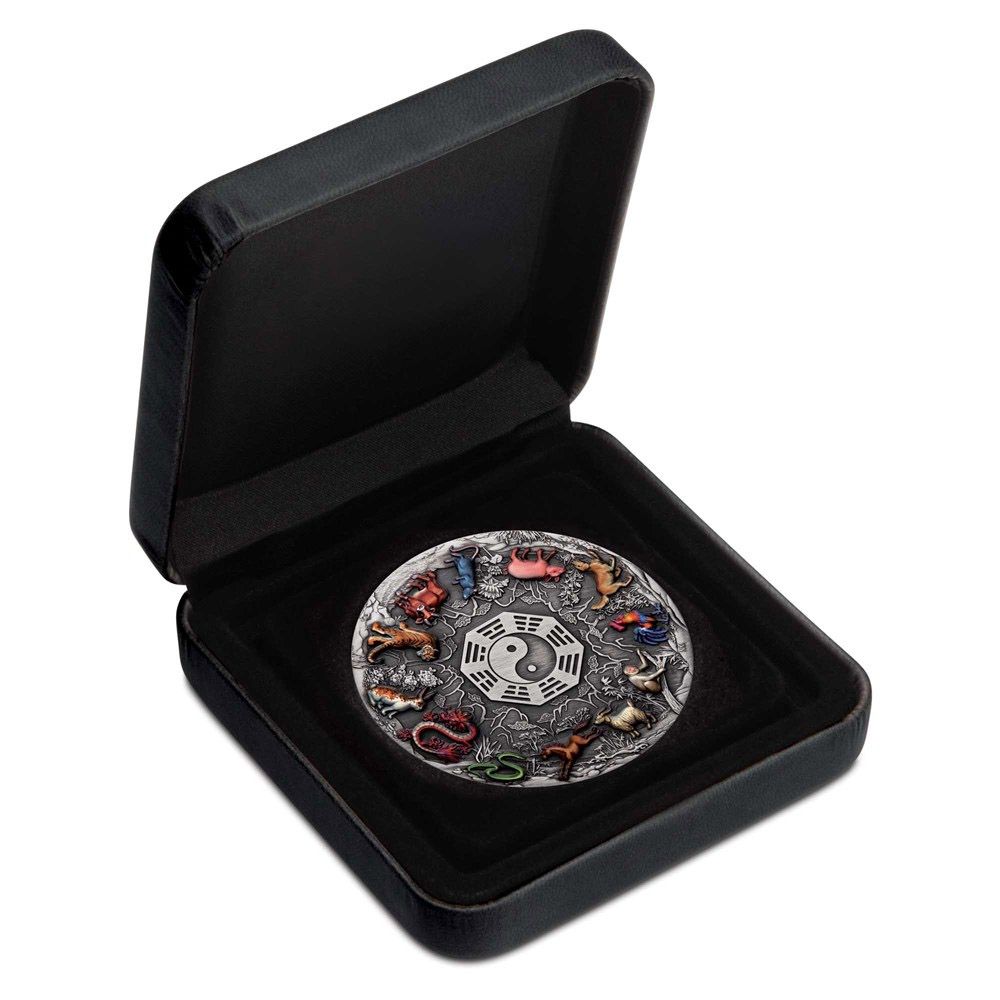 2022 Tuvalu 5 oz Silver $5 Twelve Lunar Animals Antique Coloured Coin ...